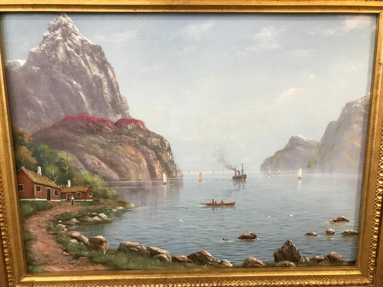 Nils Hans Christiansen - Awaiting The Ferry - Oil Painting, Coastal ...