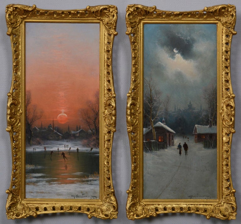 Nils Hans Christiansen - 19th Century pair of winter landscape oil ...
