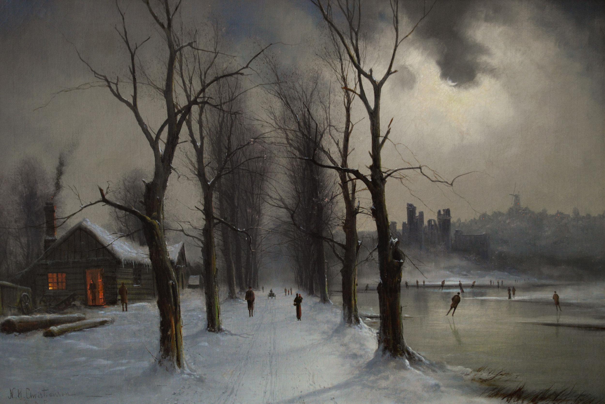 Nils Hans Christiansen - 19th Century winter landscape oil painting of ...