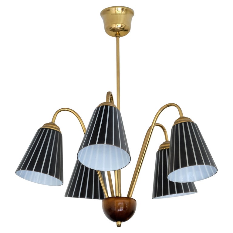 Nils Landberg Attributed Five Arm Chandelier in Striped Glass and Brass ...