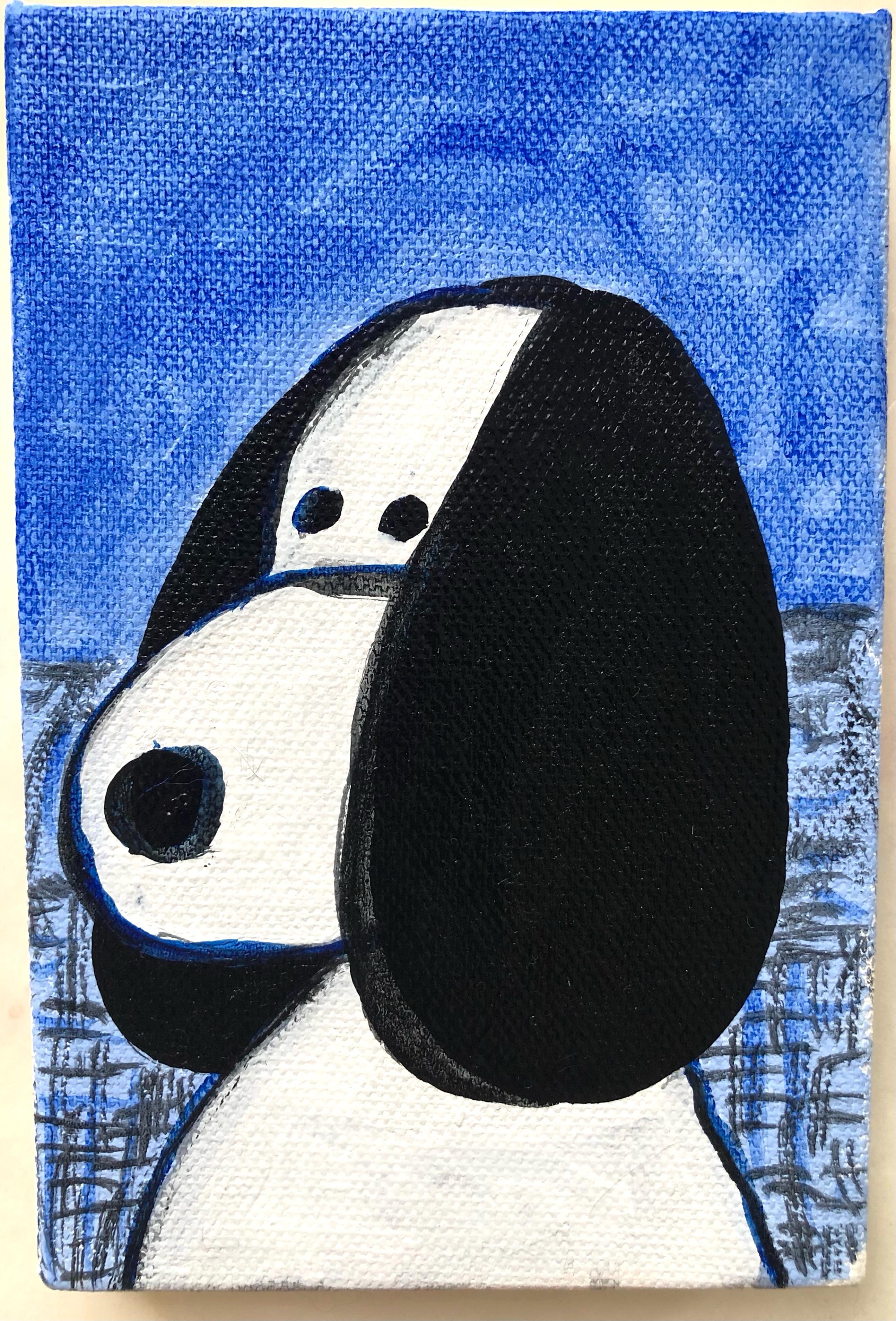 Nina Bovasso - small snoopy portrait in blue on canvas. For Sale at 1stDibs