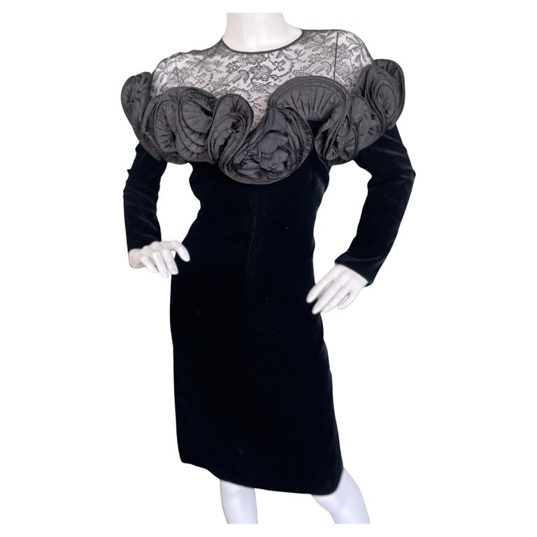 Nina Ricci 1980's Demi Couture Black Velvet Ruffled Dress w Sheer Lace ...