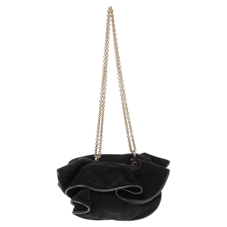 Nina Ricci Black Ruffle Suede Lily Ruched Drawstring Shoulder Bag at ...
