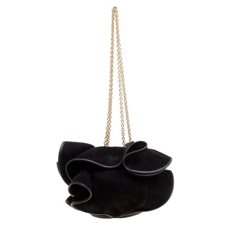 Nina Ricci Black Suede Mini Lily Ruched Ruffle Chain Shoulder Bag For ...