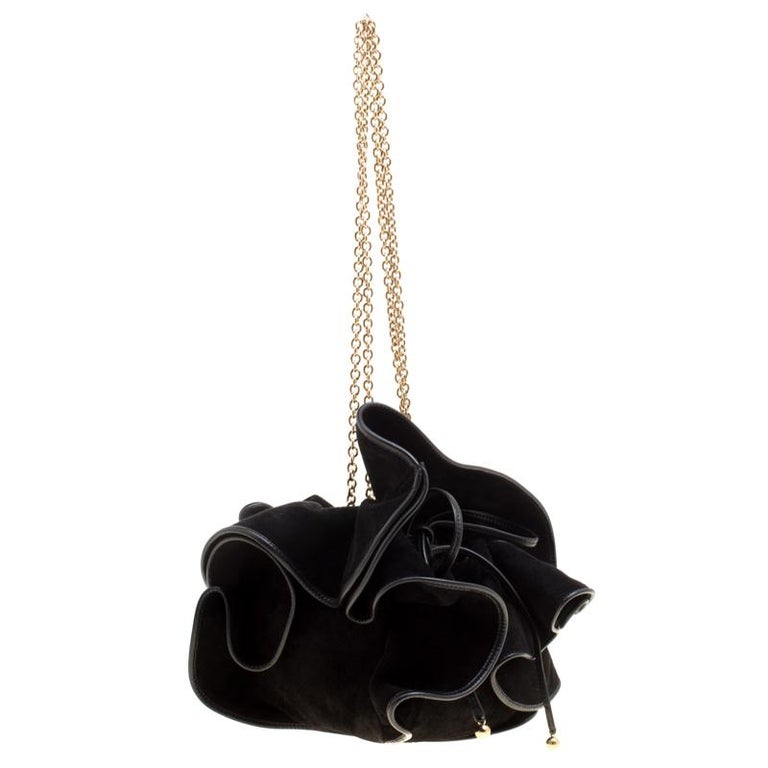 Nina Ricci Black Suede Mini Lily Ruched Ruffle Chain Shoulder Bag For ...