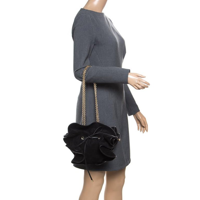 Nina Ricci Black Suede Mini Lily Ruched Ruffle Chain Shoulder Bag For ...