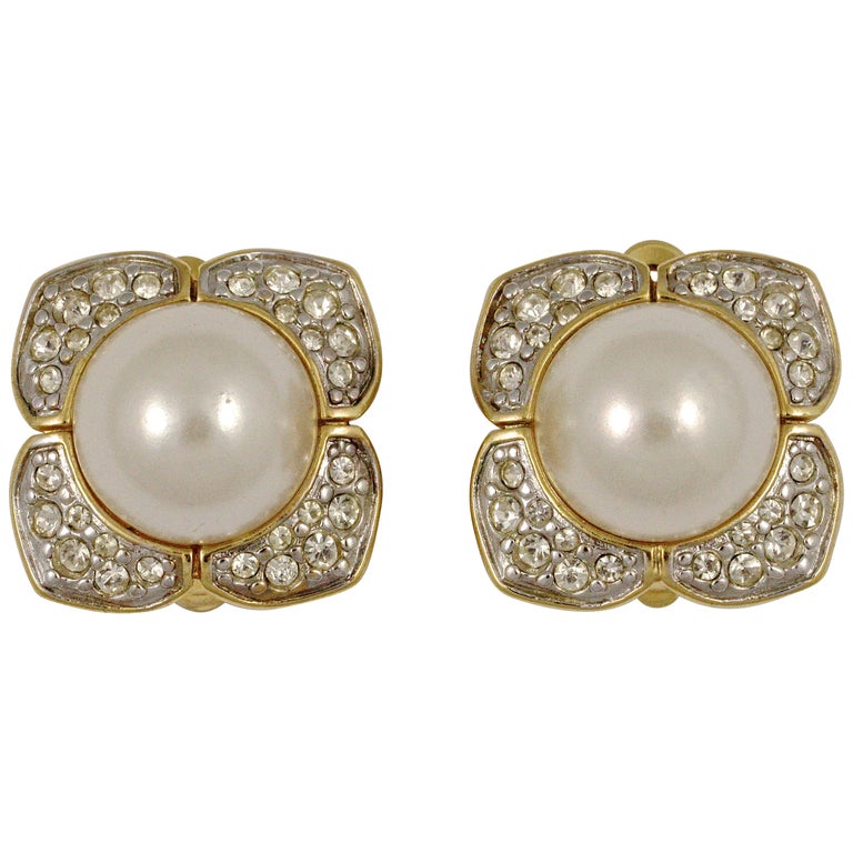 Nina Ricci Gold Plated Faux Pearl Rhinestone Clip on Earrings circa ...