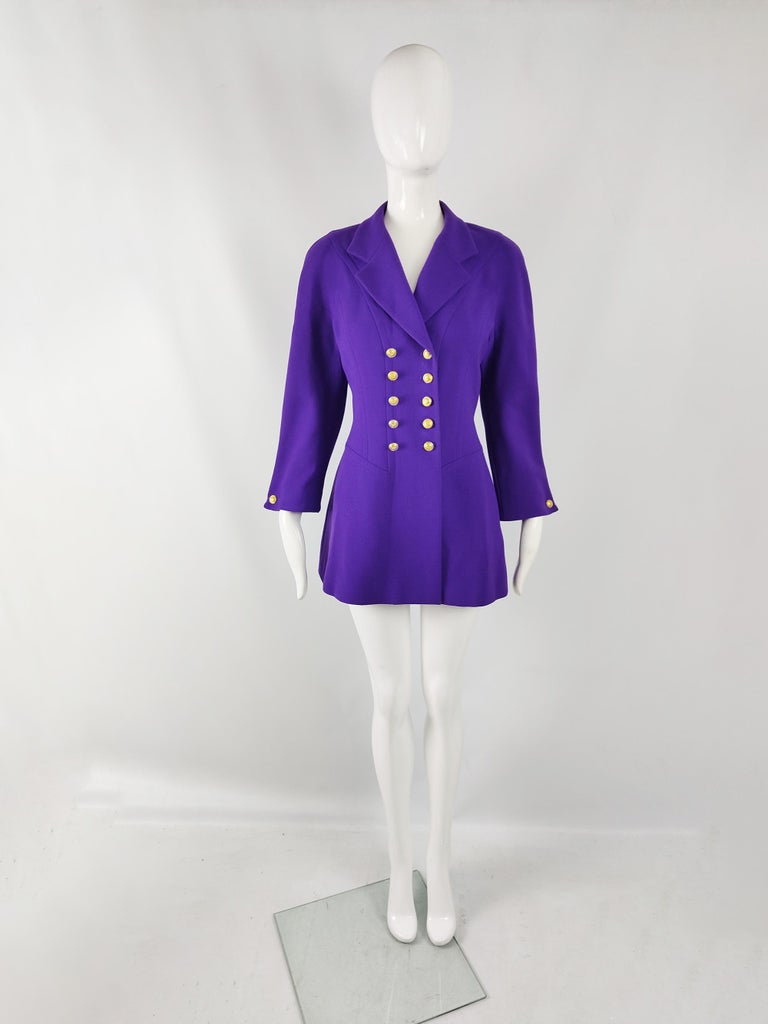 Nina Ricci Vintage Purple Wool Shoulder Padded Mini Pea Coat Jacket ...