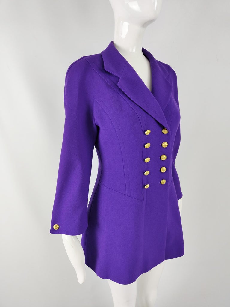 Nina Ricci Vintage Purple Wool Shoulder Padded Mini Pea Coat Jacket ...