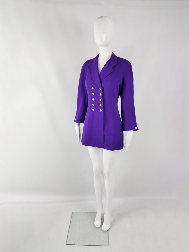 Nina Ricci Vintage Purple Wool Shoulder Padded Mini Pea Coat Jacket ...