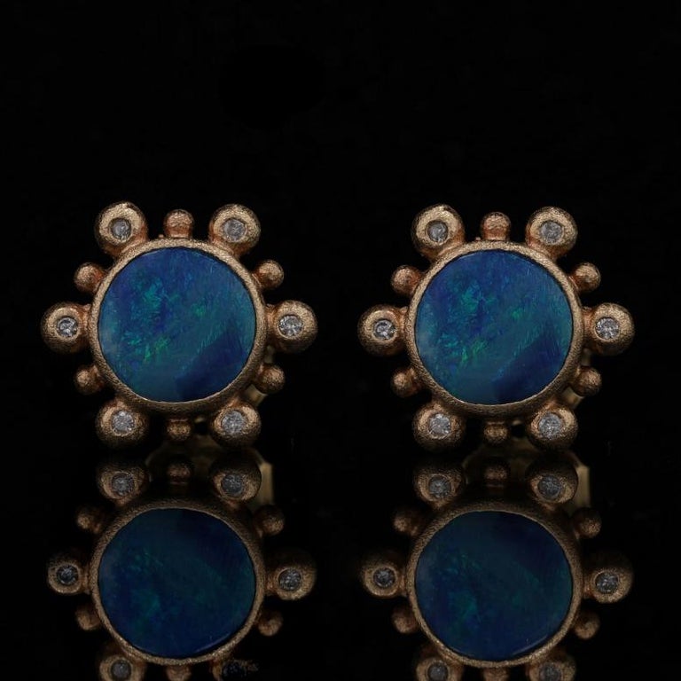 Nina Wynn Athena Opal and Diamond Halo Stud Earrings Yellow Gold 18k Pierced For Sale at 1stDibs