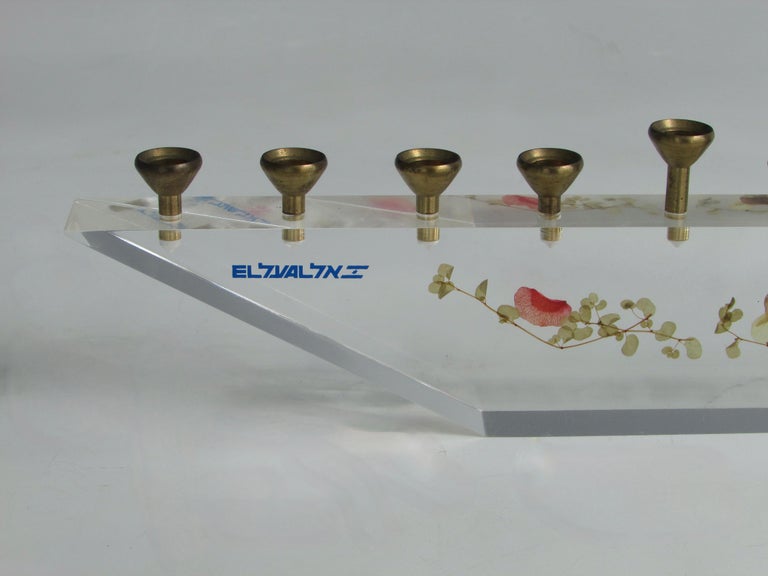 Nine Candle Modernist Menorah Set in Lucite Stand with Dried Floral ...