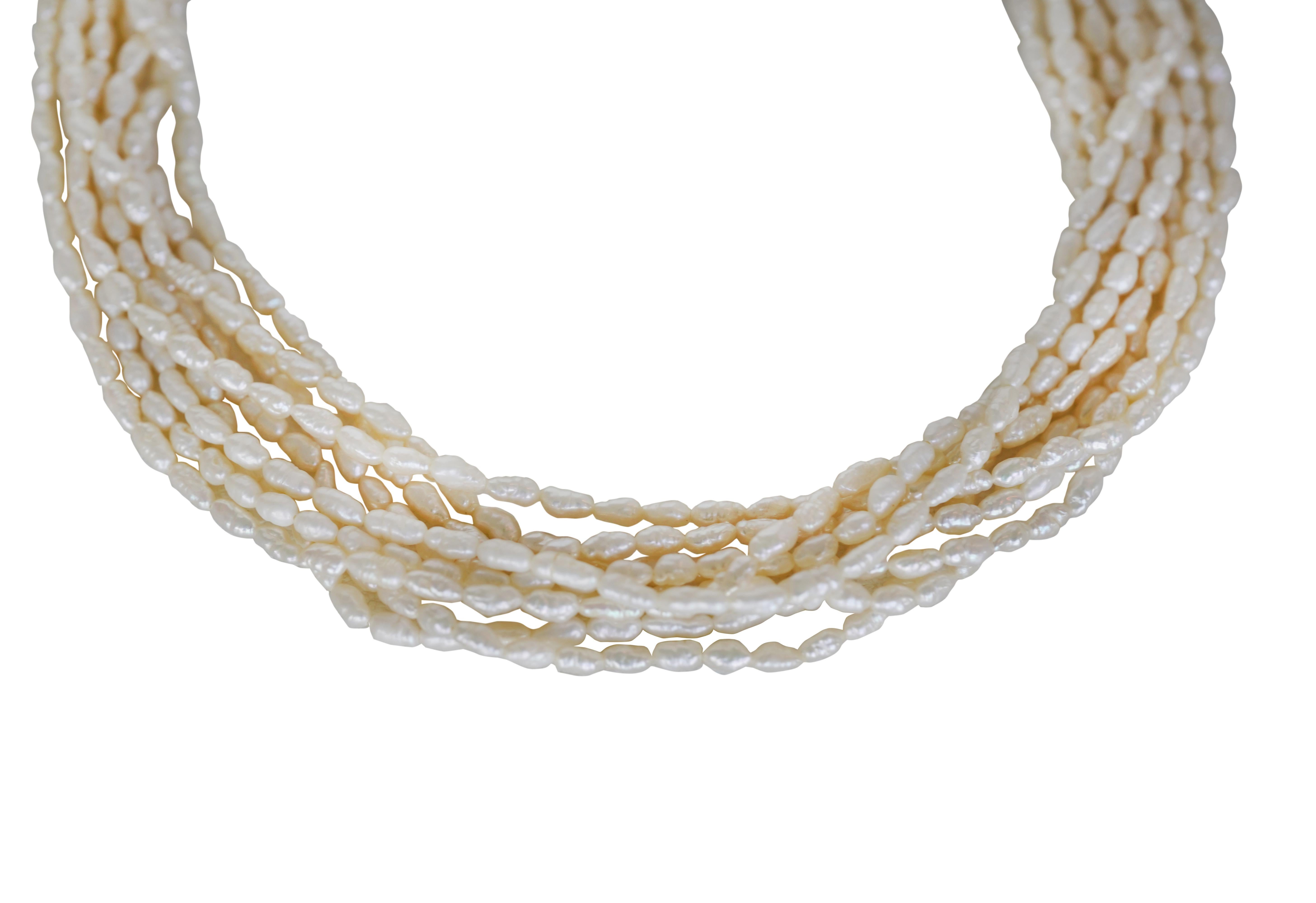 14k Yellow Gold Clasp Multi Strand Freshwater Pearl Necklace For Sale
