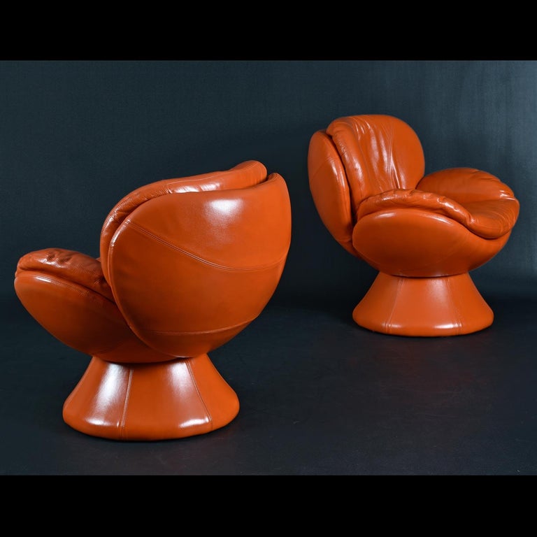 Nineteen-Laties Pedestal Base Orange Leather Swivel Pod Chairs by ...