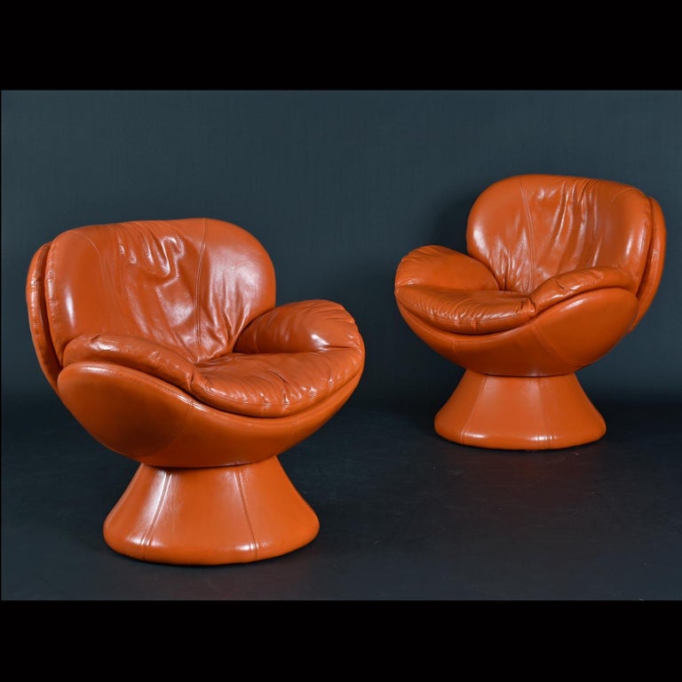 Nineteen-Laties Pedestal Base Orange Leather Swivel Pod Chairs by ...