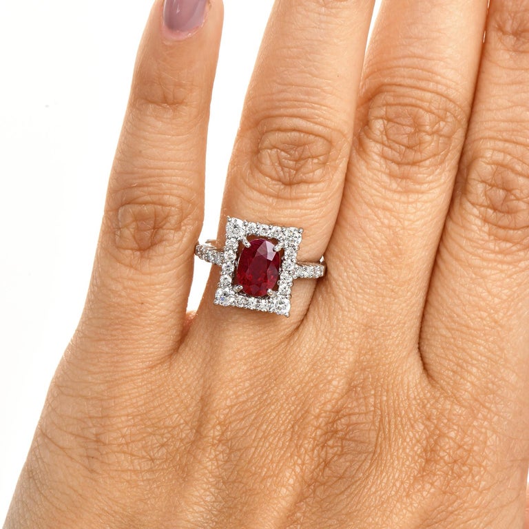 No Heat Burma Red Ruby Platinum Rectangular Halo Cocktail Ring For Sale ...