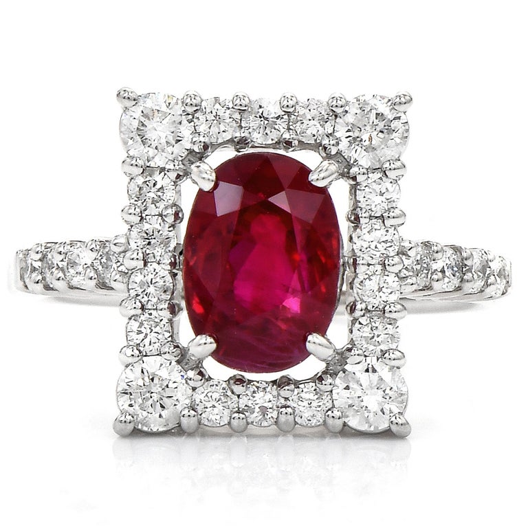 No Heat Burma Red Ruby Platinum Rectangular Halo Cocktail Ring For Sale ...