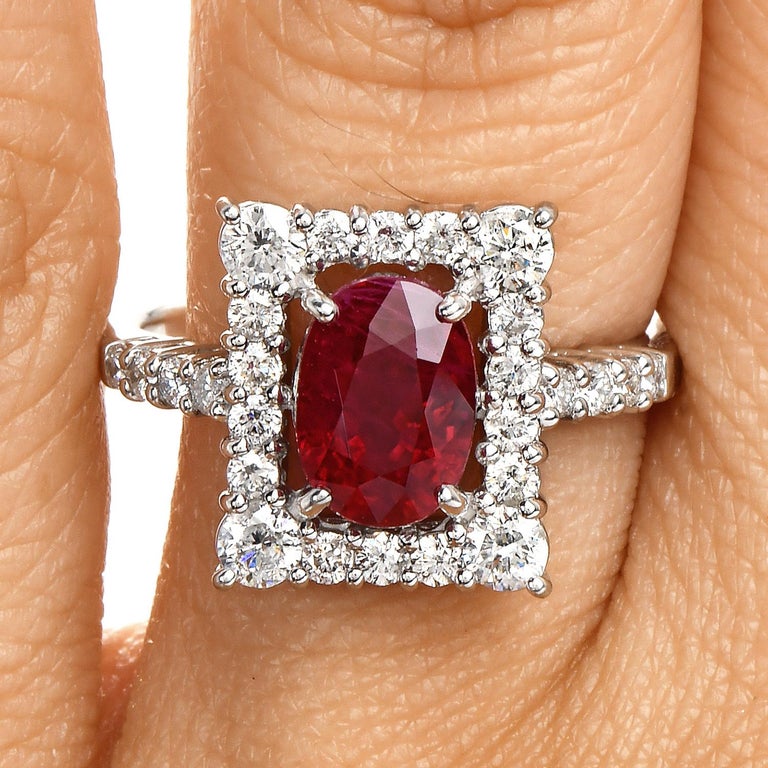 No Heat Burma Red Ruby Platinum Rectangular Halo Cocktail Ring For Sale ...