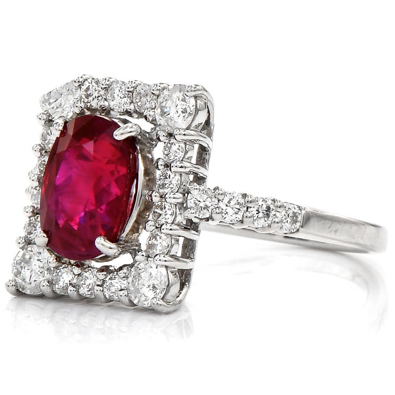 No Heat Burma Red Ruby Platinum Rectangular Halo Cocktail Ring For Sale ...