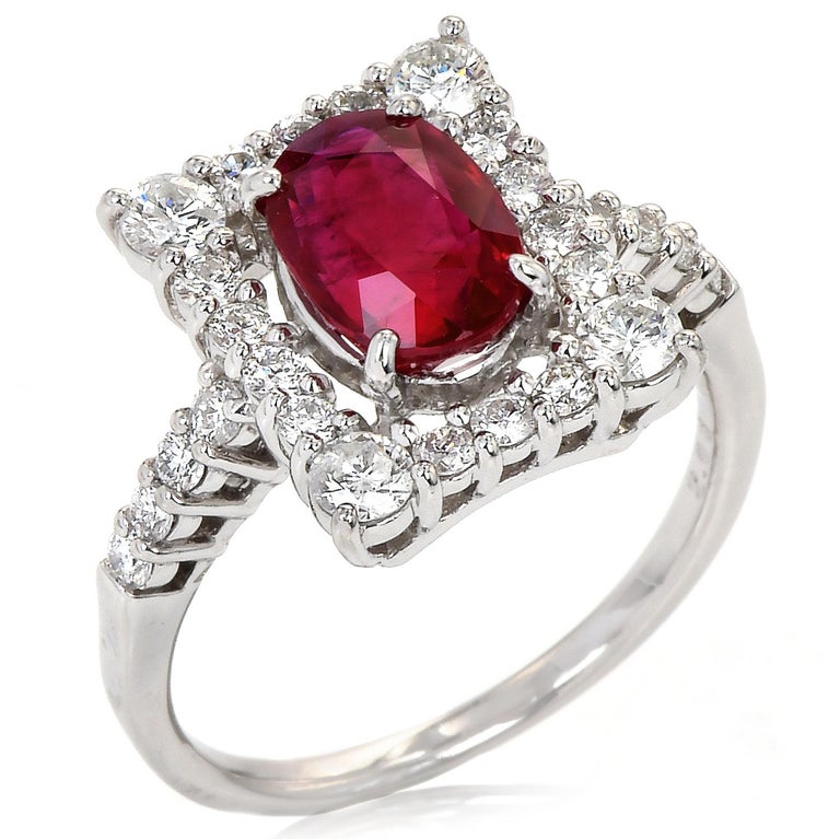 No Heat Burma Red Ruby Platinum Rectangular Halo Cocktail Ring For Sale ...