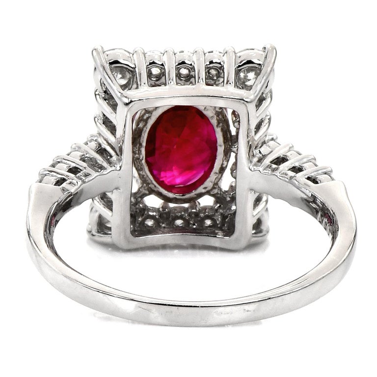 No Heat Burma Red Ruby Platinum Rectangular Halo Cocktail Ring For Sale at 1stDibs