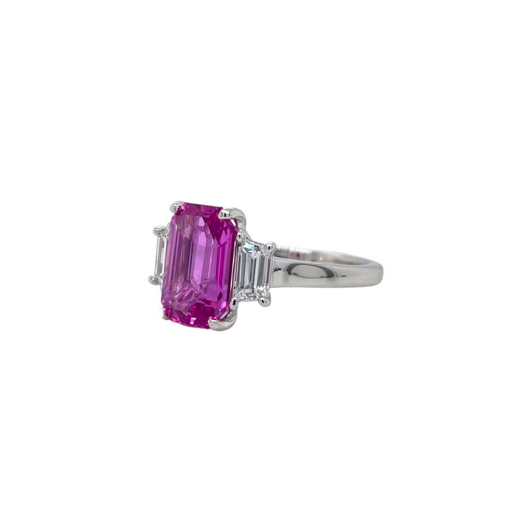 No Heat Pink Sapphire and Diamond Three Stone Ring For Sale at 1stDibs