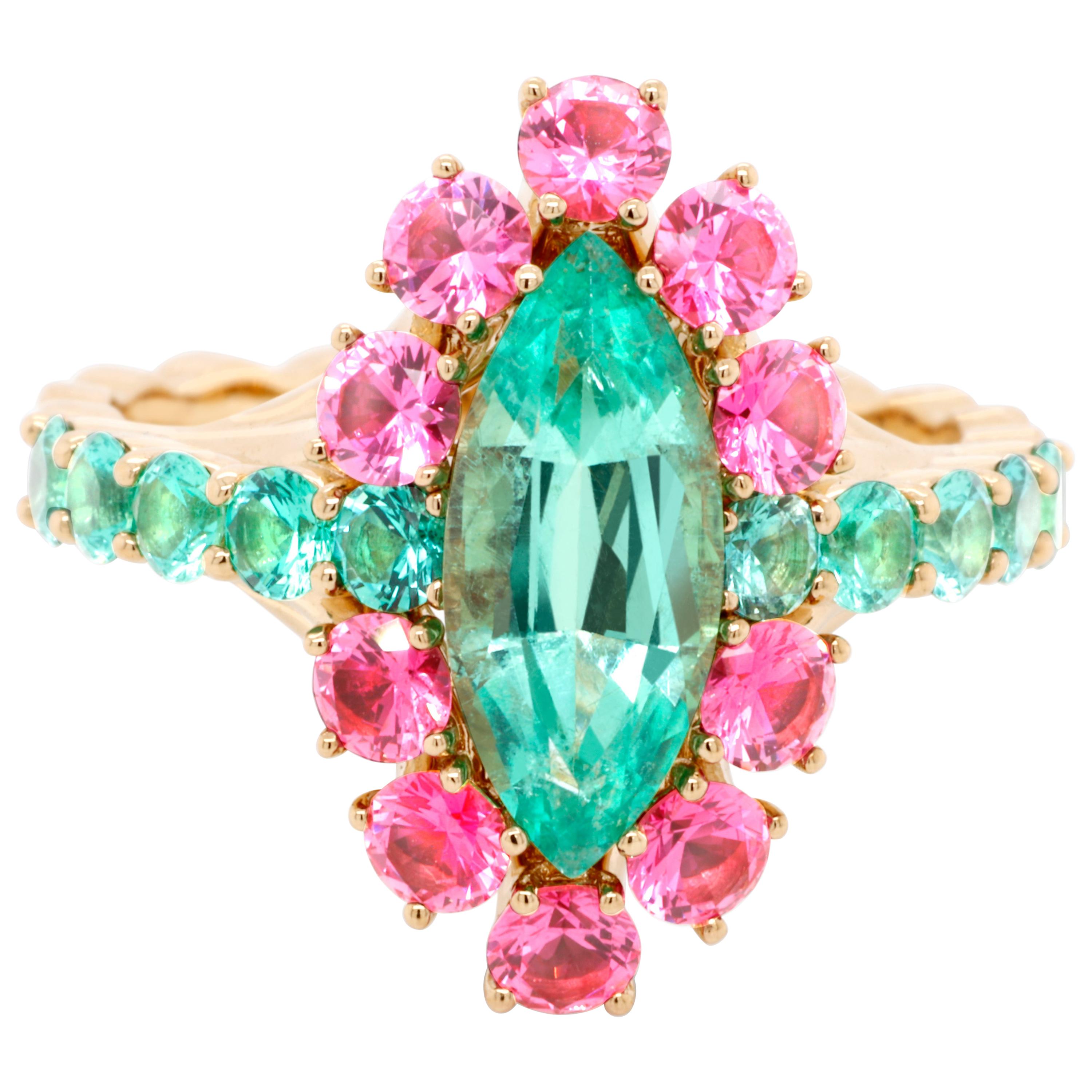 No-Oil Russian Emerald Pink Spinel 18 Karat Yellow Gold Ring at 1stDibs