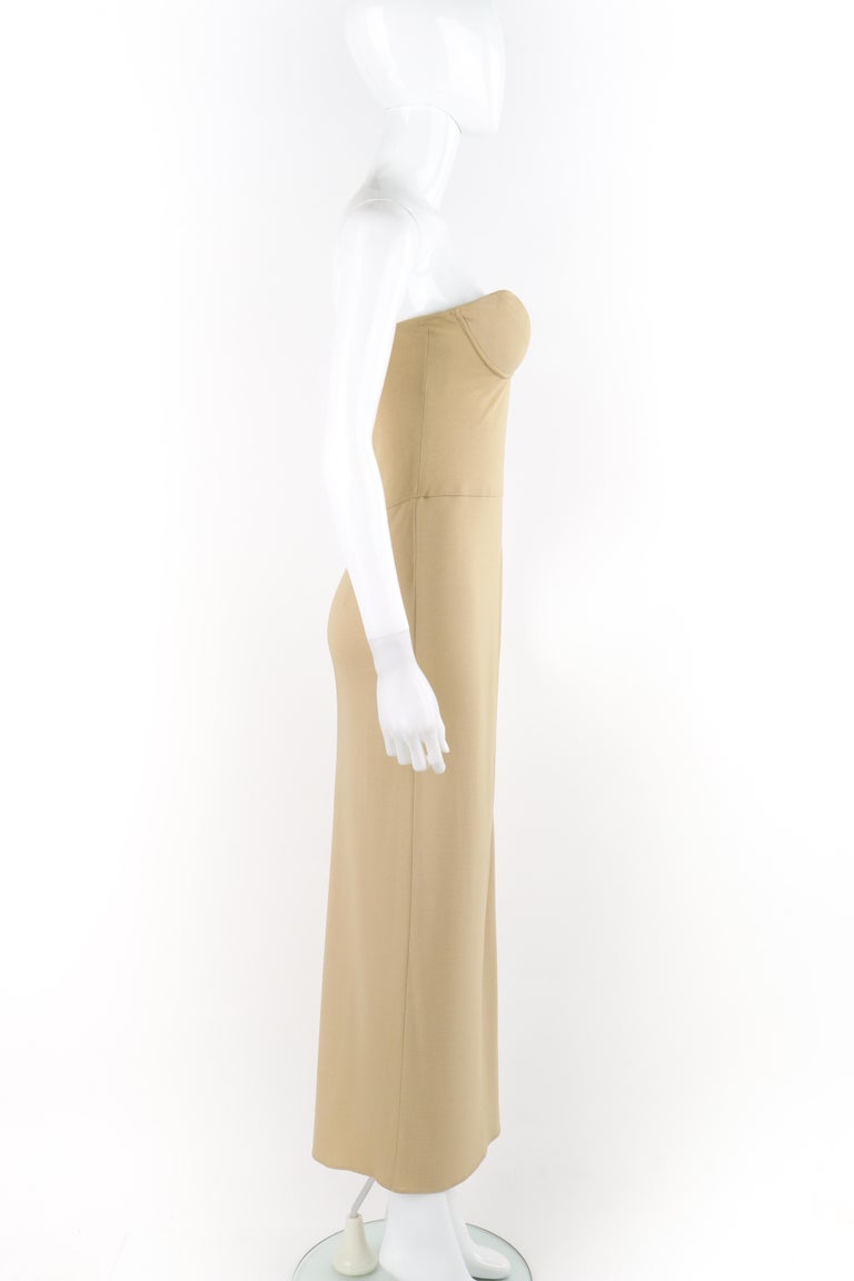 NORMA KAMALI c.1980's Tan Nude Strapless Bustier High Slit Maxi Evening Dress For Sale at 1stDibs