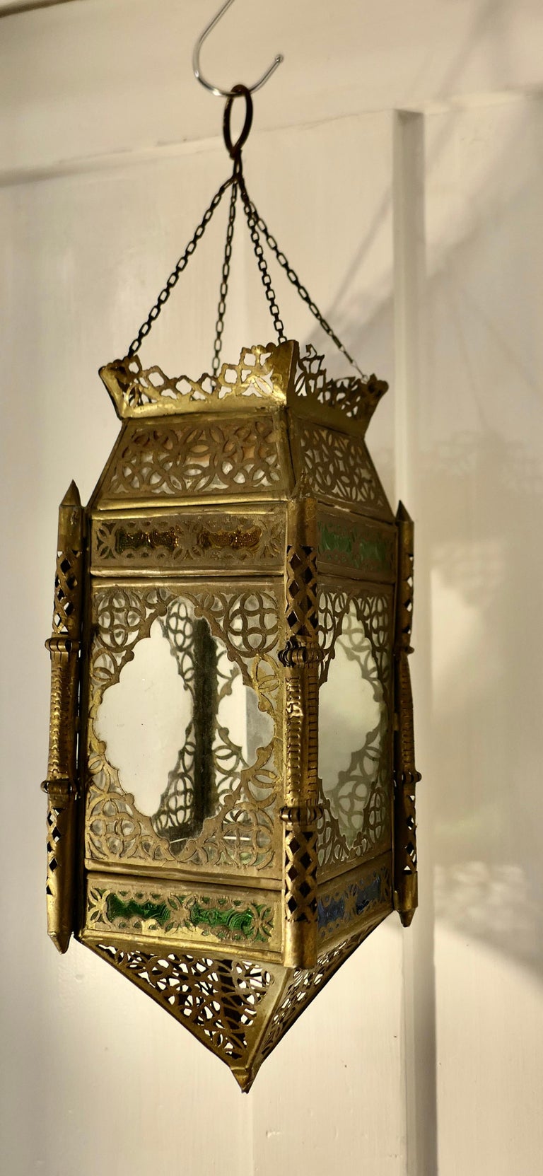 North African Stained Glass and Brass Hanging Lantern Shade For Sale at ...
