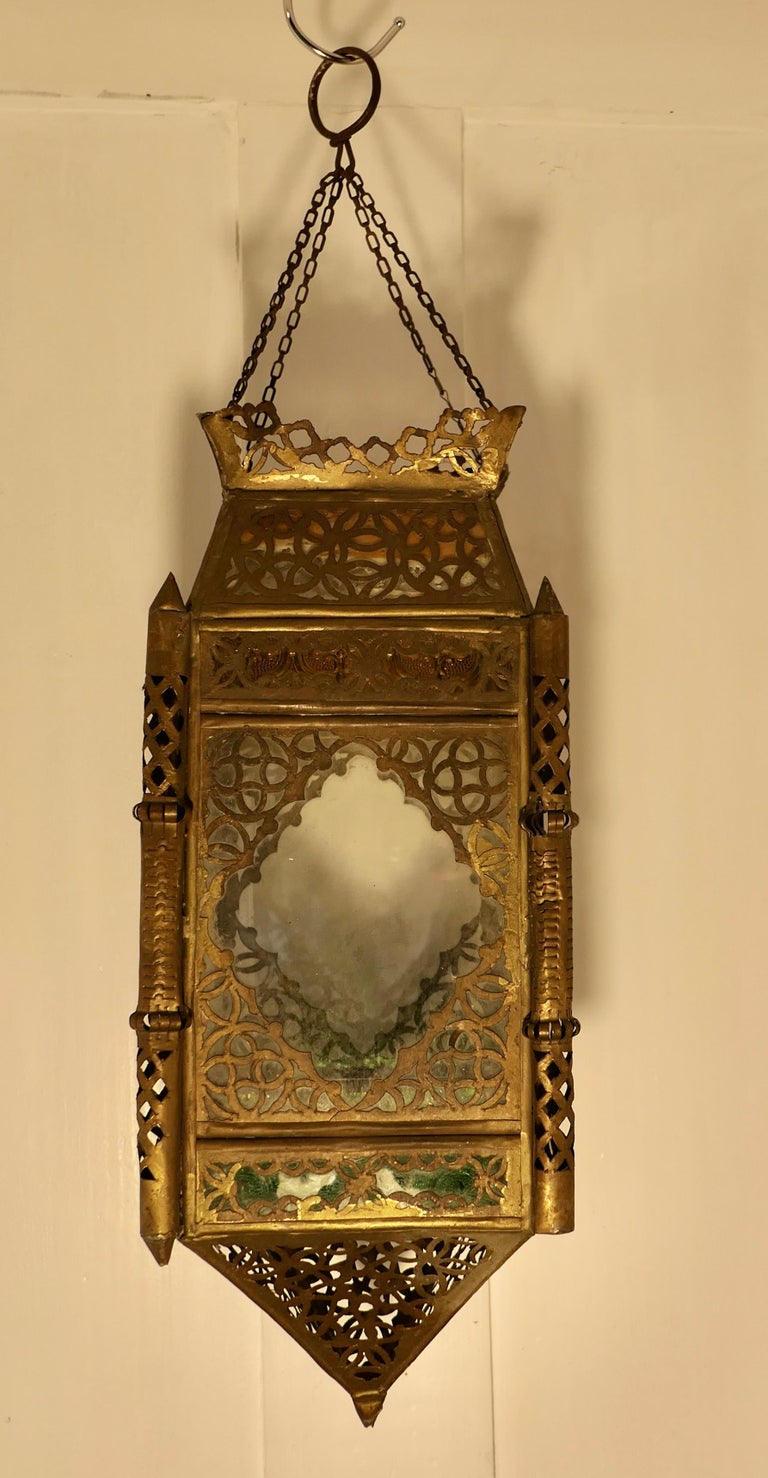 North African Stained Glass and Brass Hanging Lantern Shade For Sale at ...