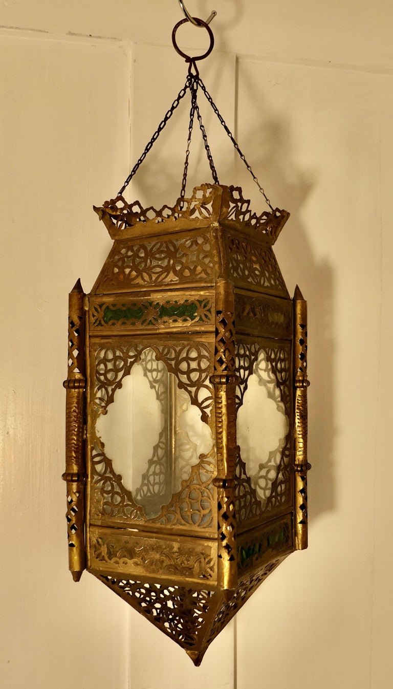 North African Stained Glass and Brass Hanging Lantern Shade For Sale at ...