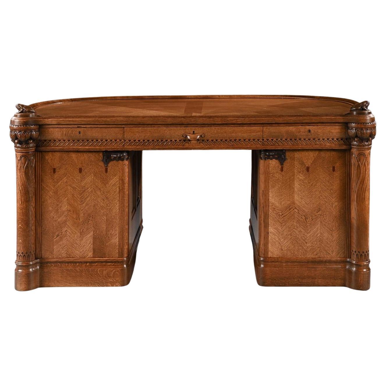 North European Art Nouveau Demi-lune Shaped Oak Pedestal Writing Desk ...