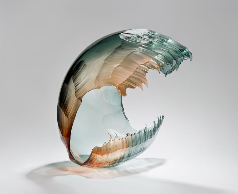 North Sea Morning Wave Form, a Teal and Apricot Glass Sculpture by ...