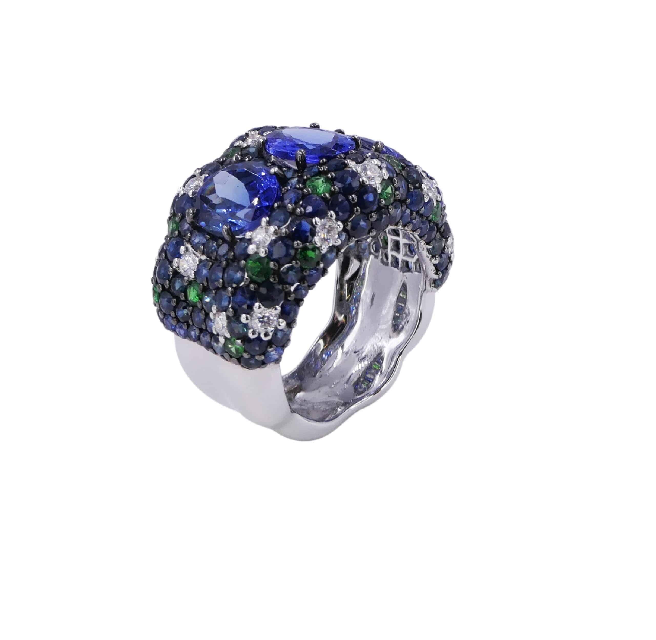 Tanzanite Tsavorite Diamond Pave Sapphire Cocktail Dome 18 Karat White ...