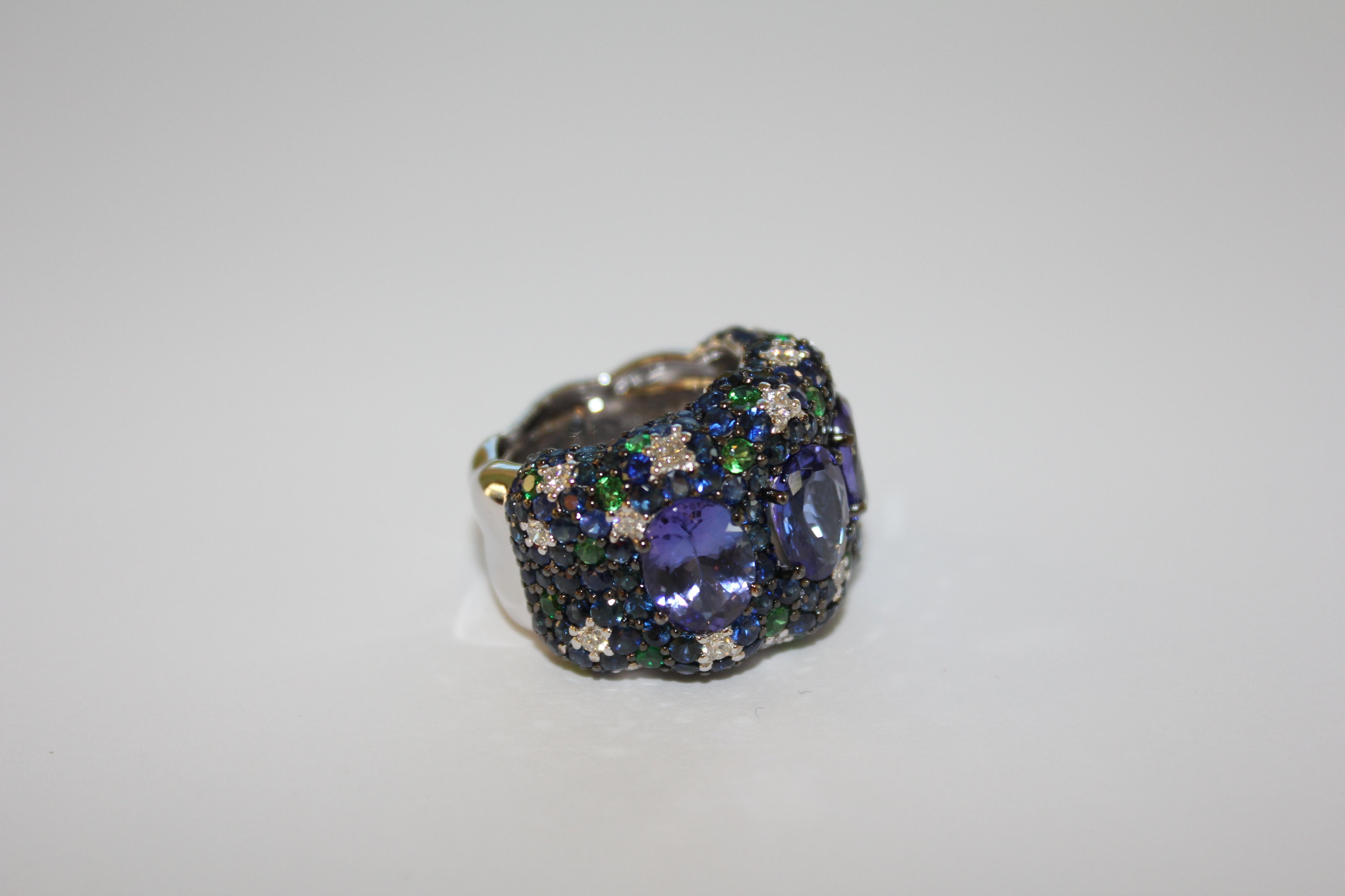 Tanzanite Tsavorite Diamond Pave Sapphire Cocktail Dome 18 Karat White ...