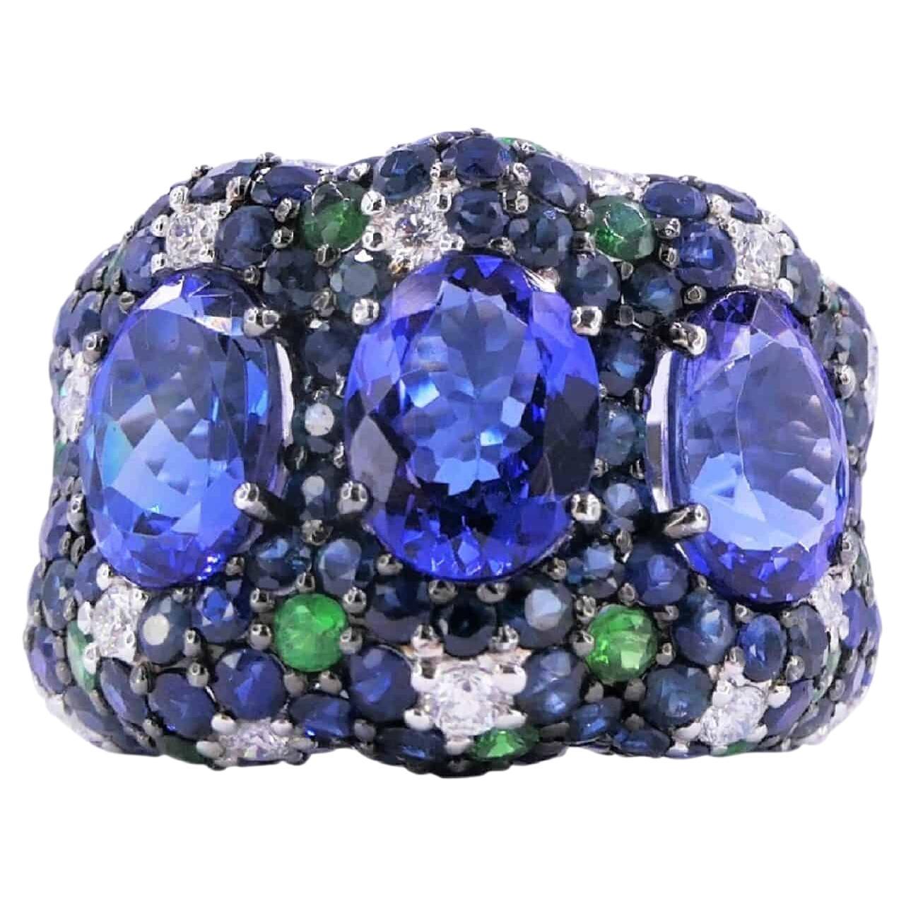 Tanzanite Tsavorite Diamond Pave Sapphire Cocktail Dome 18 Karat White ...
