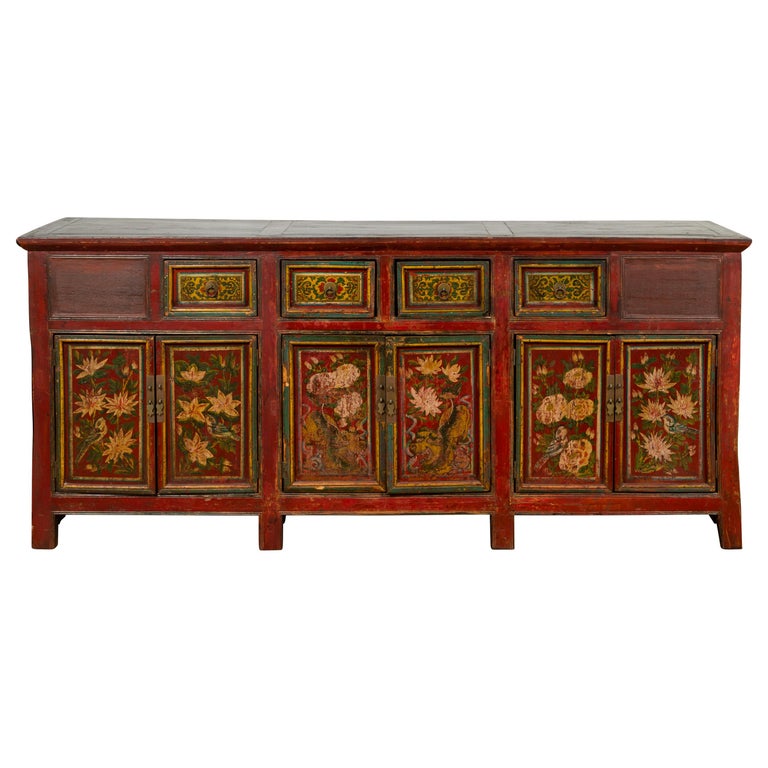 Northern Chinese 19th Century Red Lacquered Buffet with Painted Floral ...