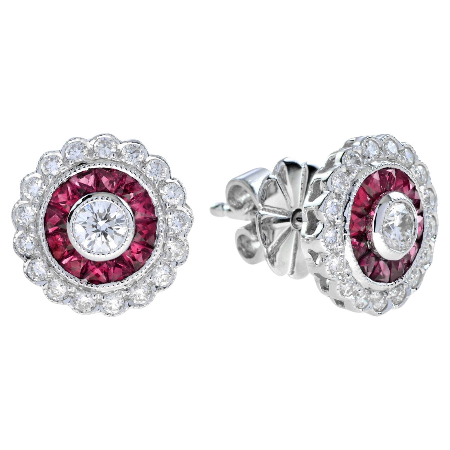 Art Deco Style 4.4 Round Diamond with Ruby Stud Earrings in 18K White ...