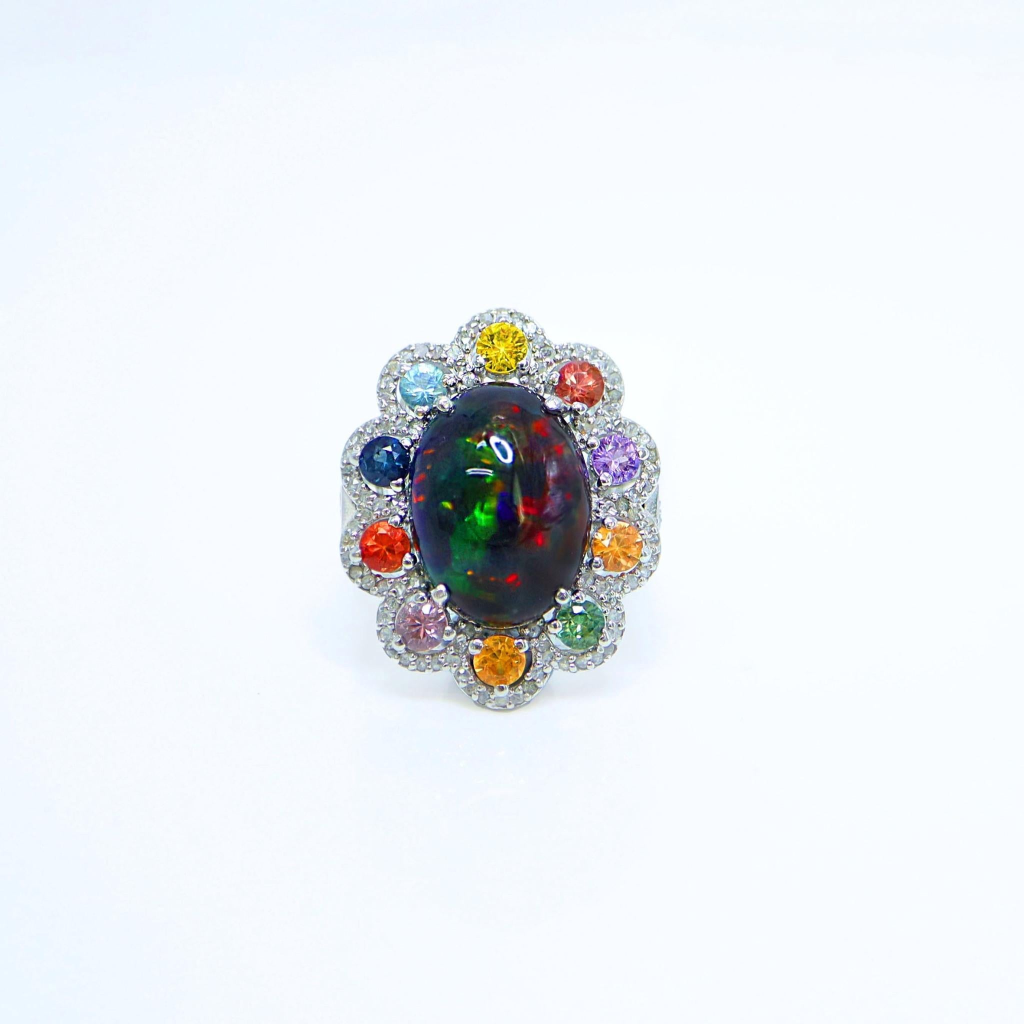 Silver 5.65 ct Natural Color Play Opal Diamonds Antique Engagement Ring ...