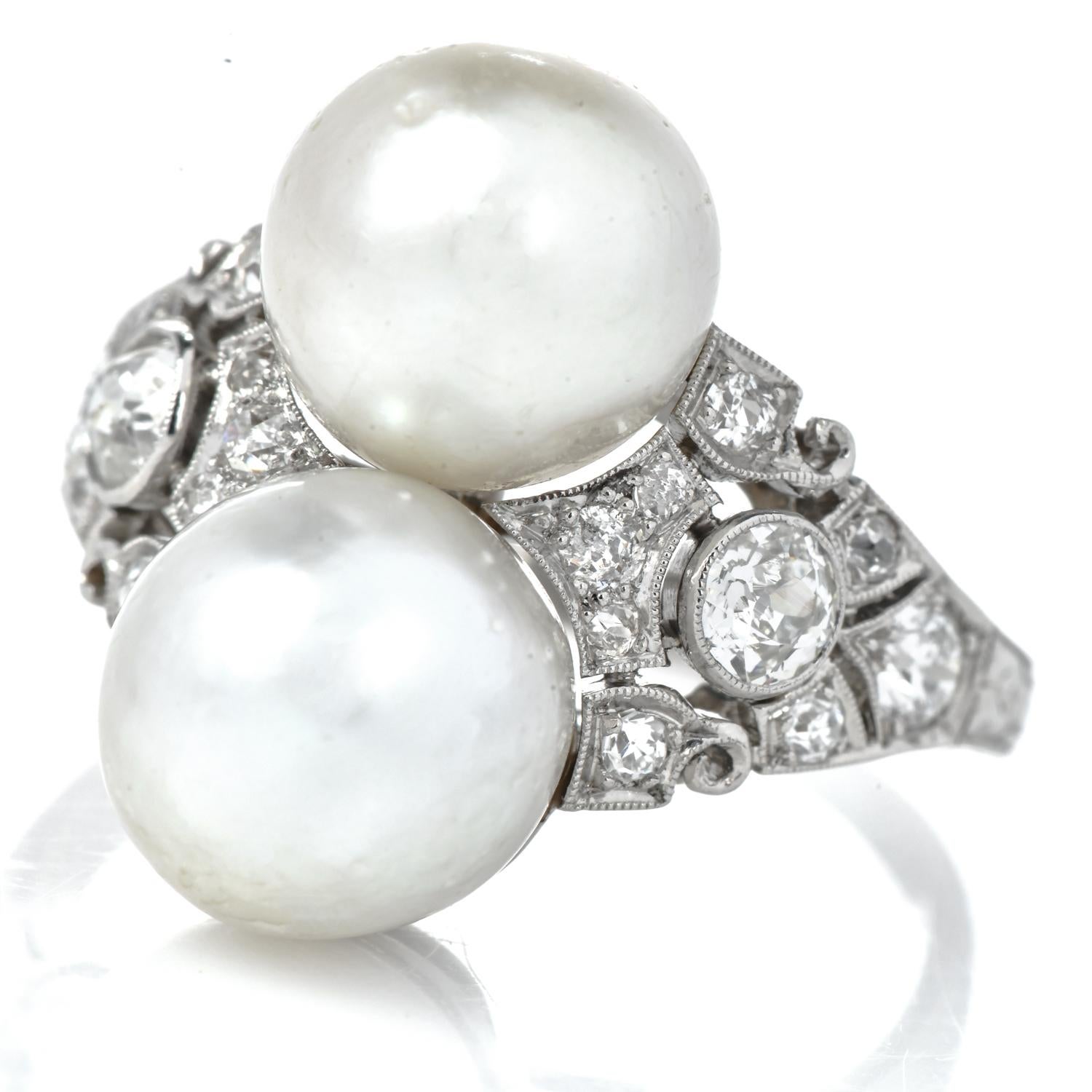 Antique Natural Pearl Art Deco GIA Diamond Platinum Cocktail Ring For ...