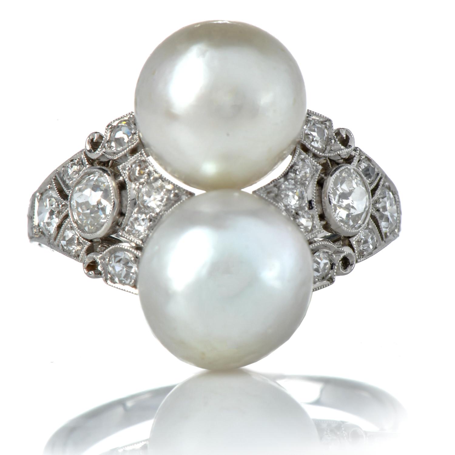 Antique Natural Pearl Art Deco GIA Diamond Platinum Cocktail Ring For ...
