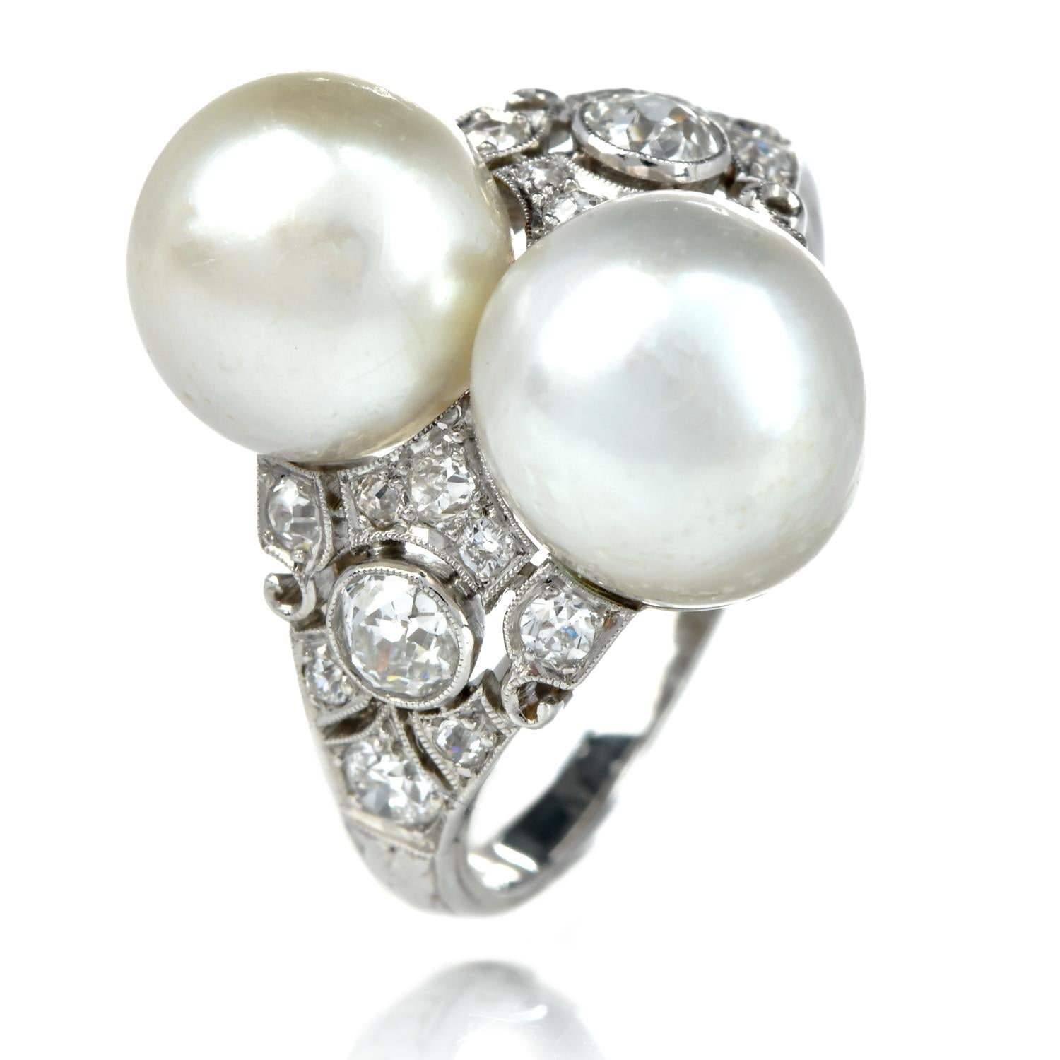 Antique Natural Pearl Art Deco GIA Diamond Platinum Cocktail Ring For ...