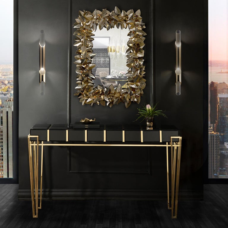 Nubian Console Table with Brass, Black Glass Top and Walnut Root Venner ...