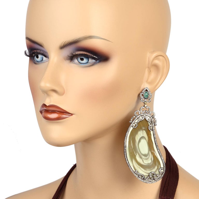 Nugget Shaped Jasper Dangle Earrings With Emerald and Pave Diamonds In ...