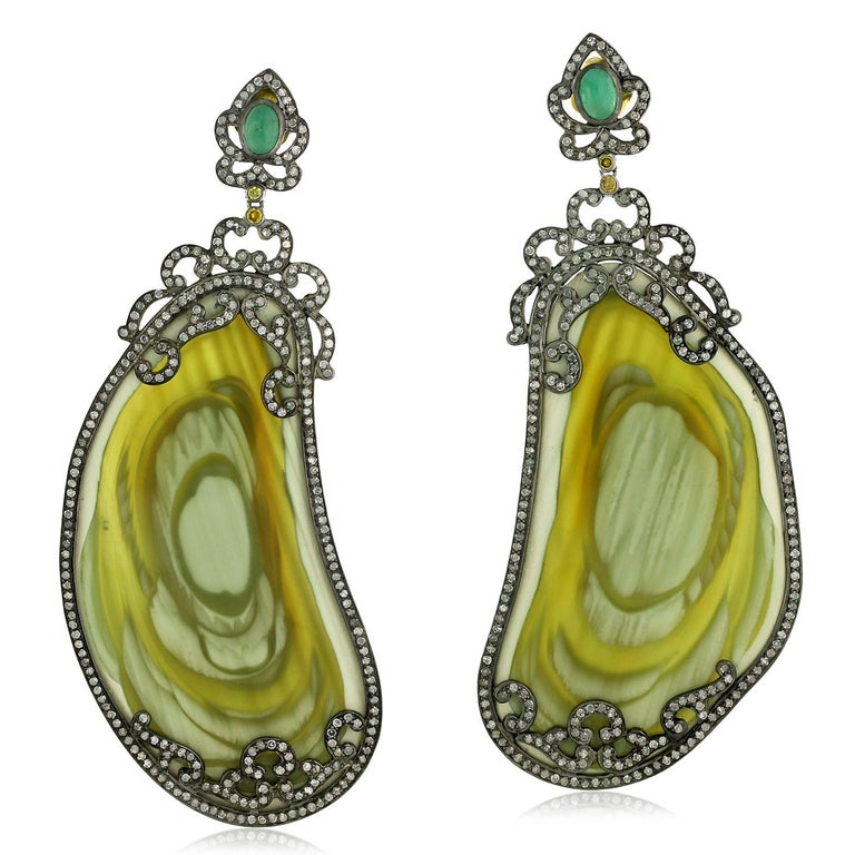 Nugget Shaped Jasper Dangle Earrings With Emerald and Pave Diamonds In ...