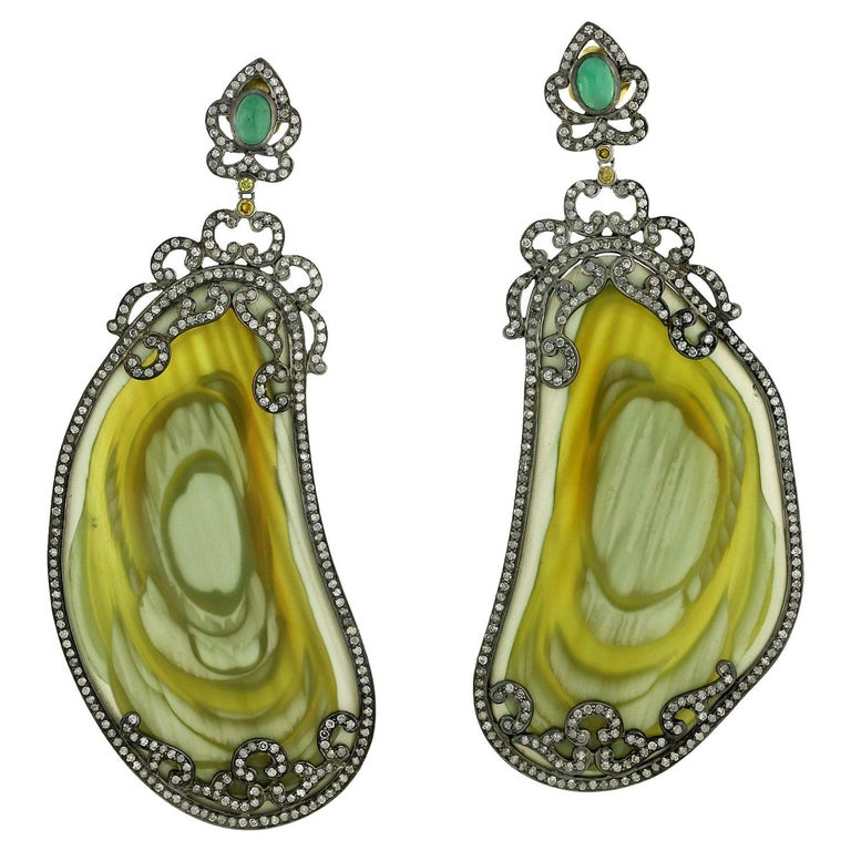 Nugget Shaped Jasper Dangle Earrings With Emerald and Pave Diamonds In ...