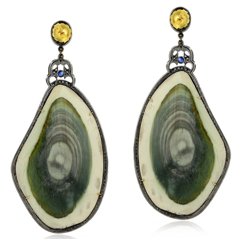 Nugget Shaped Sliced Jasper Dangle Earring with Sapphire and Diamond in ...