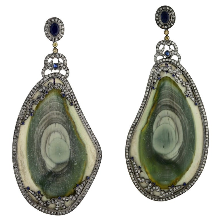 Nugget Shaped Sliced Jasper Dangle Earring with Sapphire and Diamond in ...