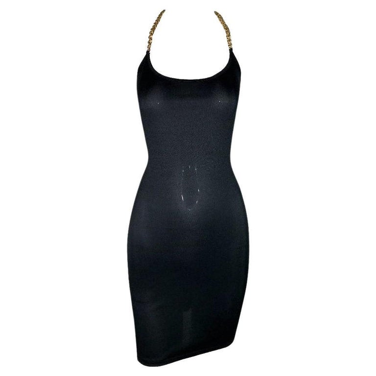 NWT 1990's Dolce and Gabbana Semi-Sheer Black Gold Chain Halter Mini ...