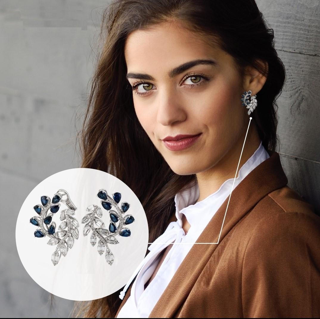 Nwt 24 000 18kt Gold Glittering Blue Sapphire Diamond Floral Leaf